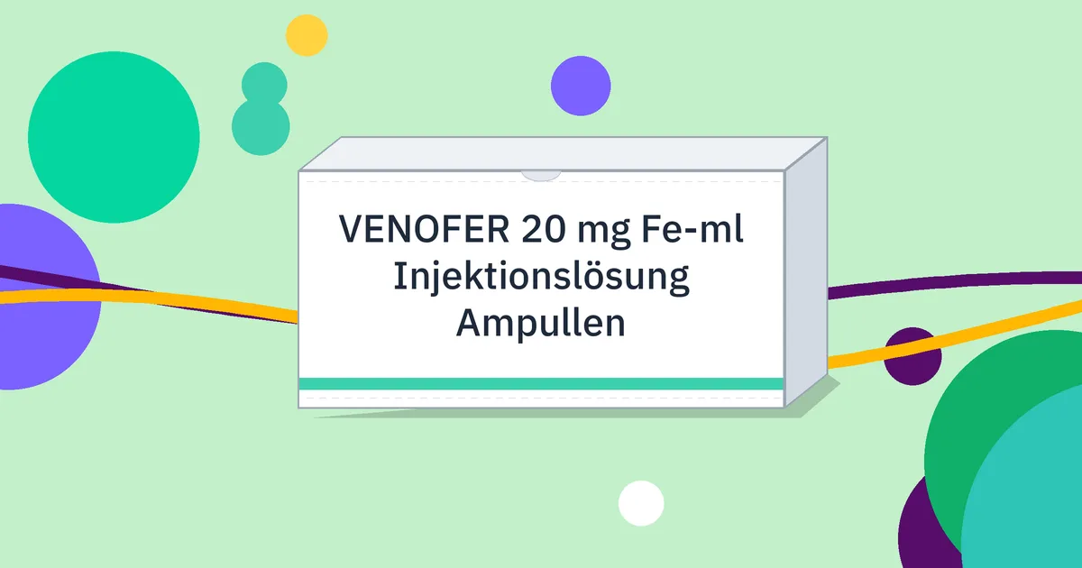 Symbolbild: Packung mit der Aufschrift VENOFER 20 mg Fe-ml Injektionslösung Ampullen (PZN 07521877) – Verfügbarkeit und Bezug in Apotheken in Frankfurt am Main