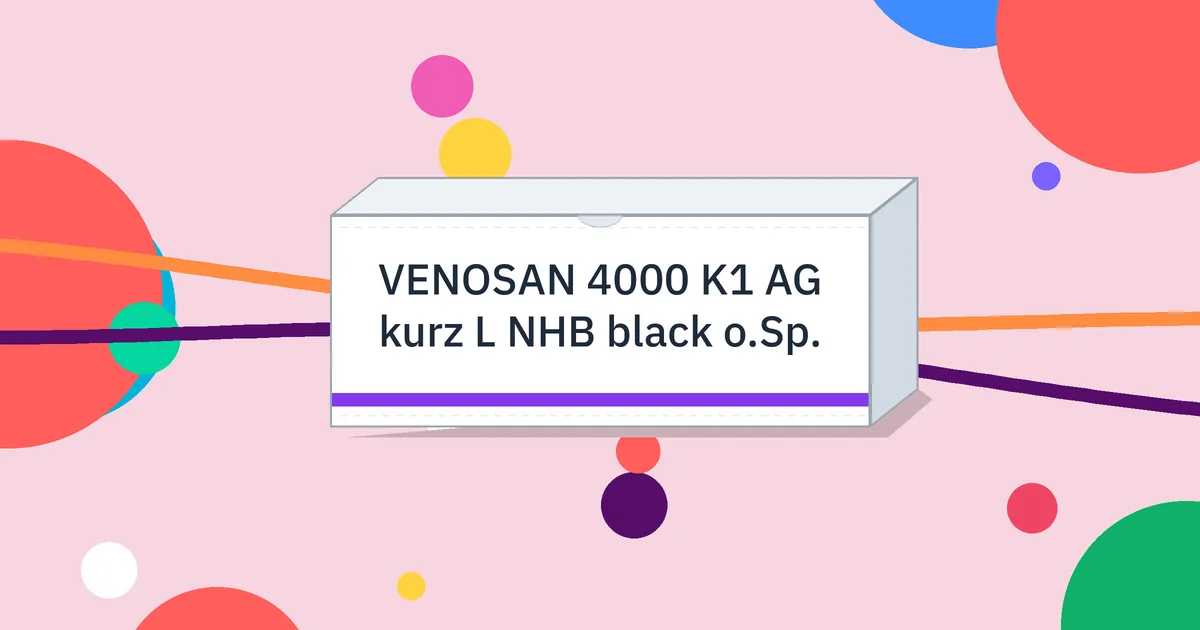 Symbolbild: Packung mit der Aufschrift VENOSAN 4000 K1 AG kurz L NHB black o.Sp. (PZN 14427044) – Verfügbarkeit und Bezug in Apotheken in Frankfurt am Main