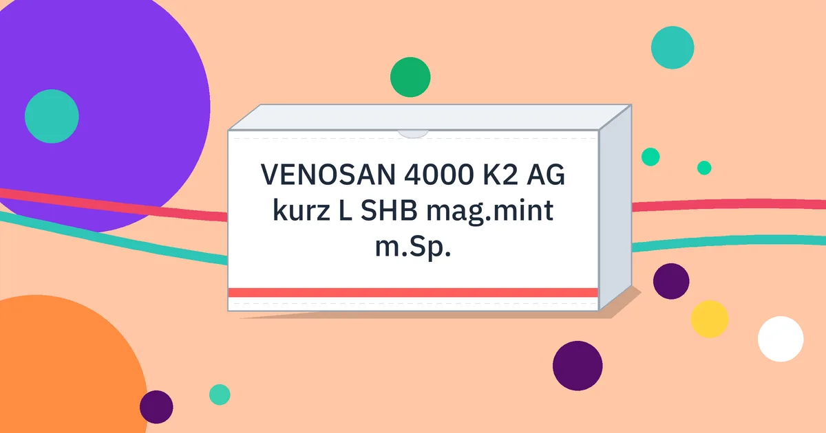 Symbolbild: Packung mit der Aufschrift VENOSAN 4000 K2 AG kurz L SHB mag.mint m.Sp. (PZN 19154326) – Verfügbarkeit und Bezug in Apotheken in Frankfurt am Main