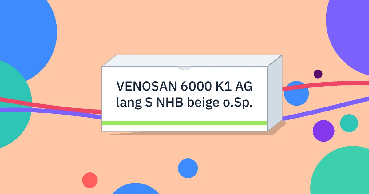 Symbolbild: Packung mit der Aufschrift VENOSAN 6000 K1 AG lang S NHB beige o.Sp. (PZN 17171421) – Verfügbarkeit und Bezug in Apotheken in Frankfurt am Main