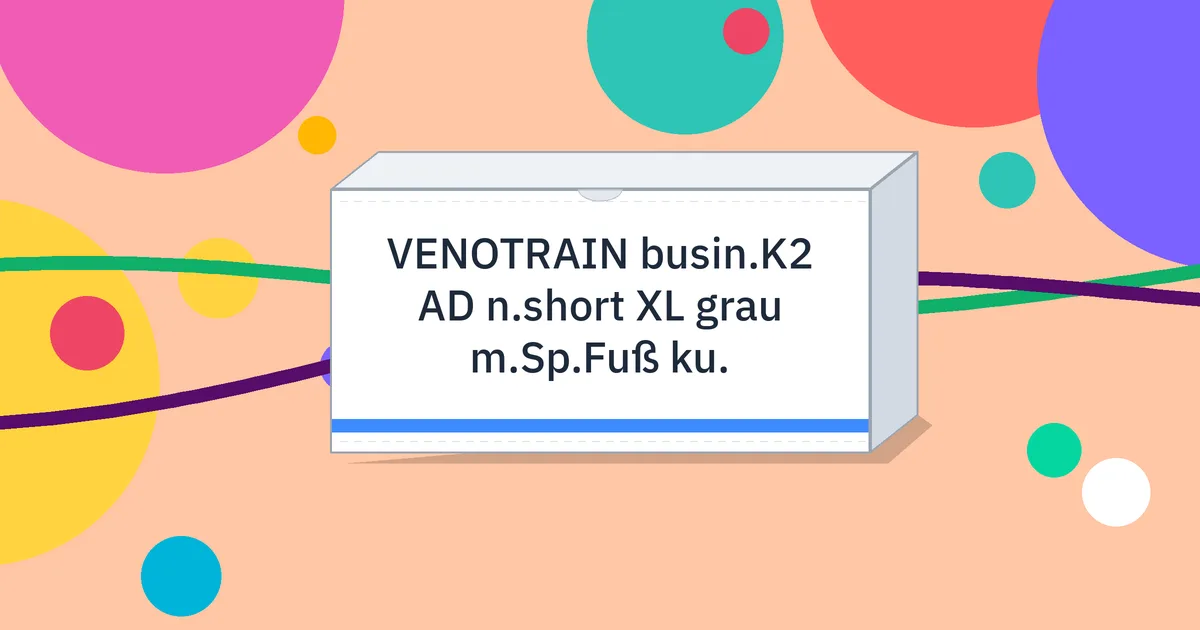 Symbolbild: Packung mit der Aufschrift VENOTRAIN busin.K2 AD n.short XL grau m.Sp.Fuß ku. (PZN 19057563) – Verfügbarkeit und Bezug in Apotheken in Frankfurt am Main