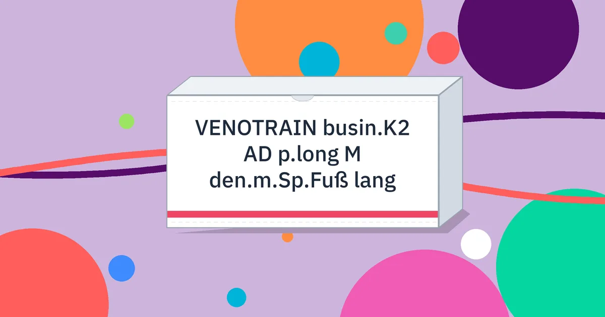 Symbolbild: Packung mit der Aufschrift VENOTRAIN busin.K2 AD p.long M den.m.Sp.Fuß lang (PZN 19057089) – Verfügbarkeit und Bezug in Apotheken in Frankfurt am Main