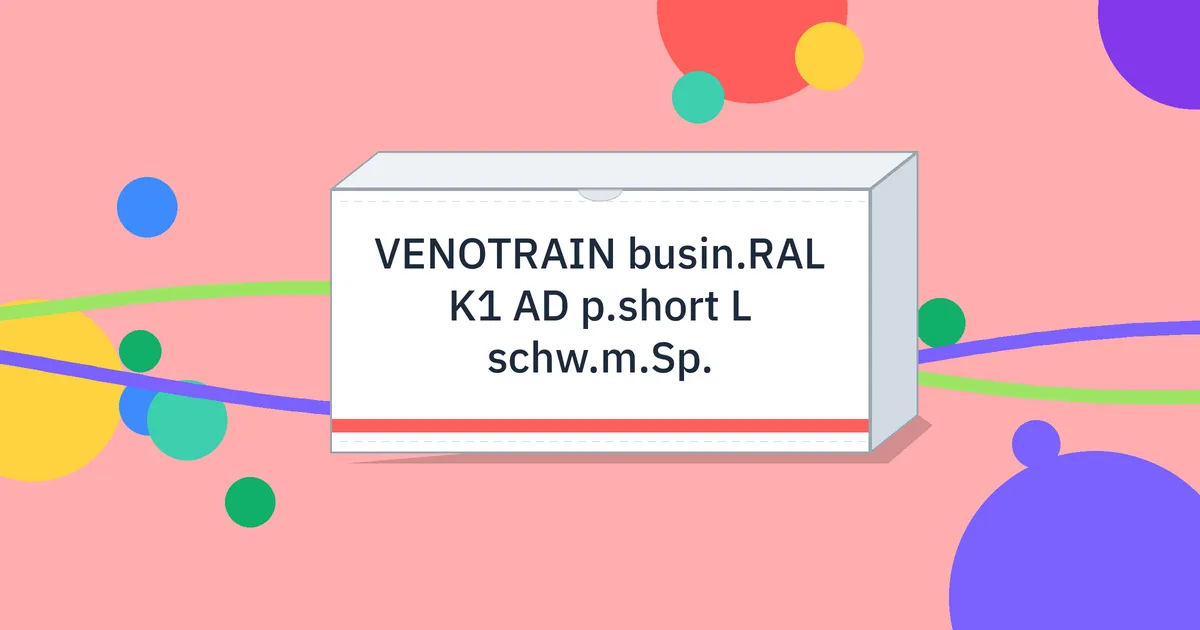 Symbolbild: Packung mit der Aufschrift VENOTRAIN busin.RAL K1 AD p.short L schw.m.Sp. (PZN 06948705) – Verfügbarkeit und Bezug in Apotheken in Frankfurt am Main