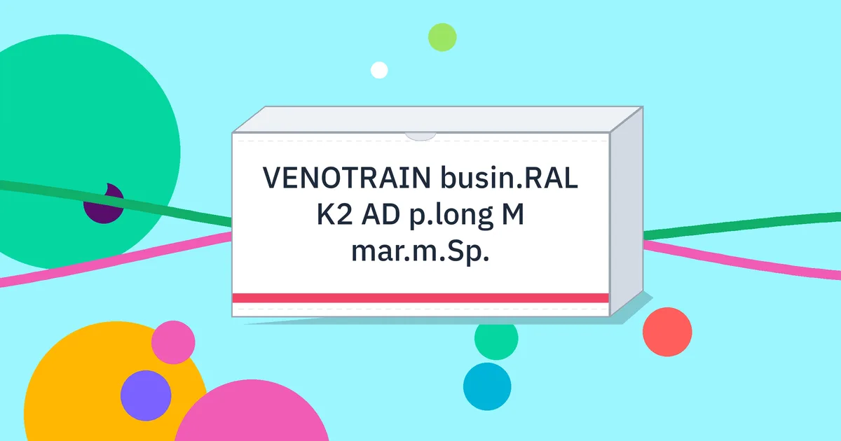 Symbolbild: Packung mit der Aufschrift VENOTRAIN busin.RAL K2 AD p.long M mar.m.Sp. (PZN 06949283) – Verfügbarkeit und Bezug in Apotheken in Frankfurt am Main