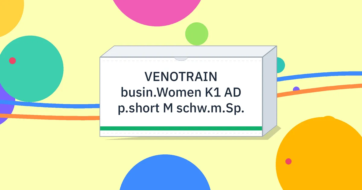 Symbolbild: Packung mit der Aufschrift VENOTRAIN busin.Women K1 AD p.short M schw.m.Sp. (PZN 10195447) – Verfügbarkeit und Bezug in Apotheken in Frankfurt am Main