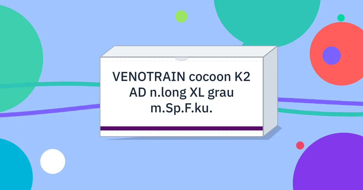 Symbolbild: Packung mit der Aufschrift VENOTRAIN cocoon K2 AD n.long XL grau m.Sp.F.ku. (PZN 19198594) – Verfügbarkeit und Bezug in Apotheken in Frankfurt am Main