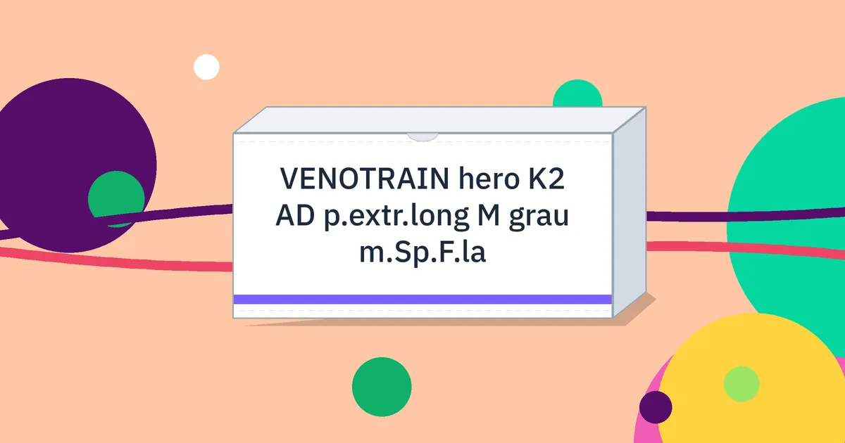 Symbolbild: Packung mit der Aufschrift VENOTRAIN hero K2 AD p.extr.long M grau m.Sp.F.la (PZN 19190664) – Verfügbarkeit und Bezug in Apotheken in Frankfurt am Main