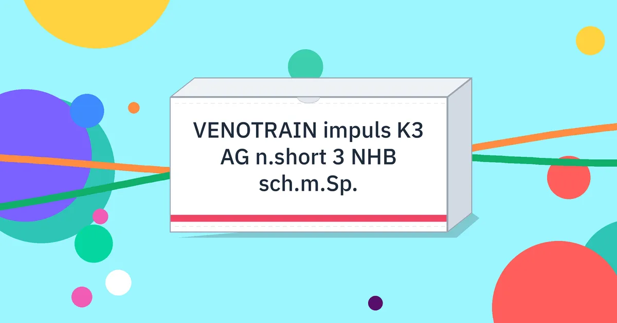Symbolbild: Packung mit der Aufschrift VENOTRAIN impuls K3 AG n.short 3 NHB sch.m.Sp. (PZN 00522247) – Verfügbarkeit und Bezug in Apotheken in Frankfurt am Main