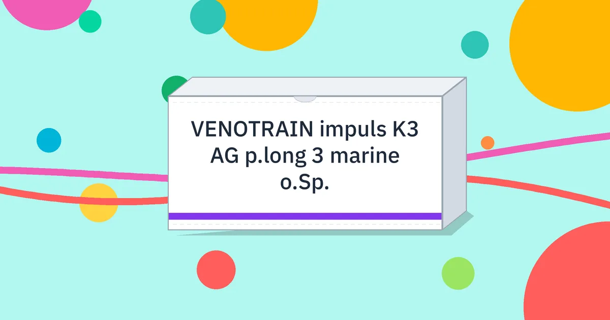 Symbolbild: Packung mit der Aufschrift VENOTRAIN impuls K3 AG p.long 3 marine o.Sp. (PZN 15213368) – Verfügbarkeit und Bezug in Apotheken in Frankfurt am Main