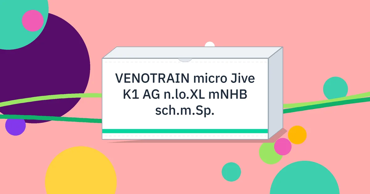 Symbolbild: Packung mit der Aufschrift VENOTRAIN micro Jive K1 AG n.lo.XL mNHB sch.m.Sp. (PZN 17762607) – Verfügbarkeit und Bezug in Apotheken in Frankfurt am Main