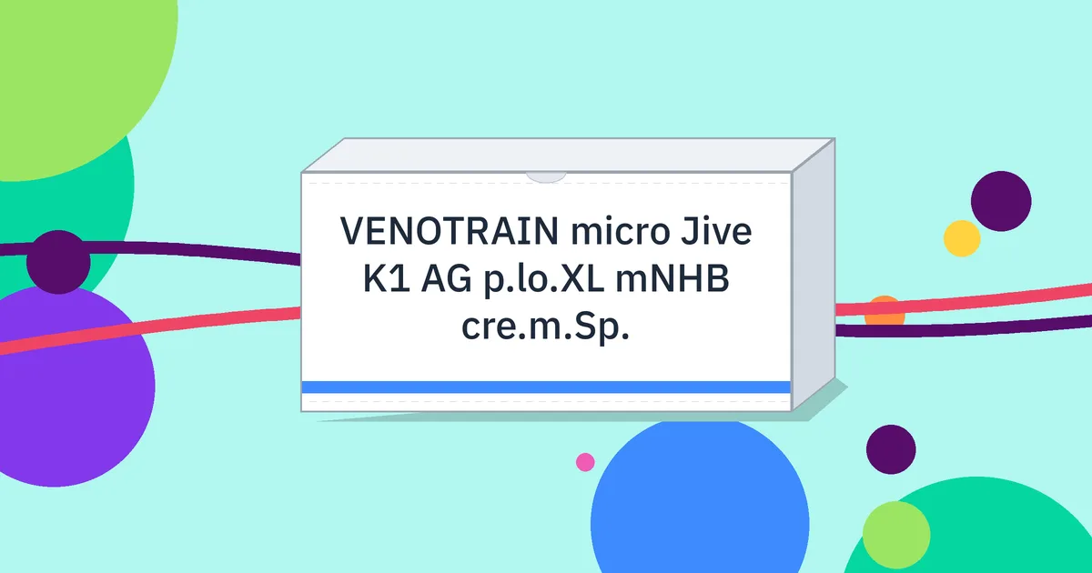 Symbolbild: Packung mit der Aufschrift VENOTRAIN micro Jive K1 AG p.lo.XL mNHB cre.m.Sp. (PZN 17757983) – Verfügbarkeit und Bezug in Apotheken in Frankfurt am Main