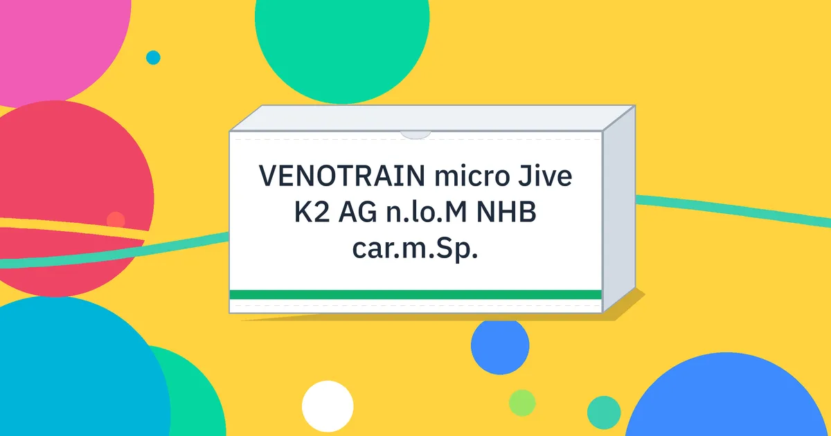Symbolbild: Packung mit der Aufschrift VENOTRAIN micro Jive K2 AG n.lo.M NHB car.m.Sp. (PZN 17764374) – Verfügbarkeit und Bezug in Apotheken in Frankfurt am Main