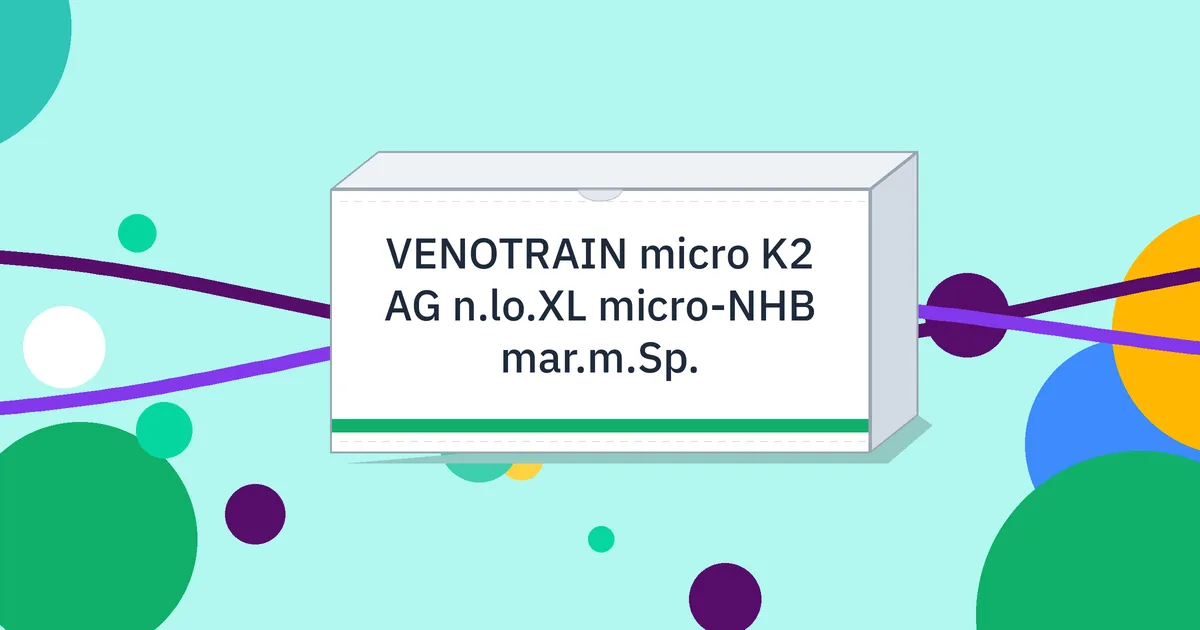 Symbolbild: Packung mit der Aufschrift VENOTRAIN micro K2 AG n.lo.XL micro-NHB mar.m.Sp. (PZN 16066159) – Verfügbarkeit und Bezug in Apotheken in Frankfurt am Main