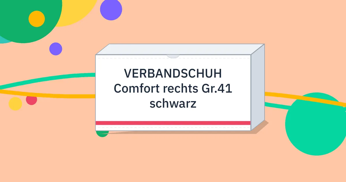 Symbolbild: Packung mit der Aufschrift VERBANDSCHUH Comfort rechts Gr.41 schwarz (PZN 11014838) – Verfügbarkeit und Bezug in Apotheken in Frankfurt am Main