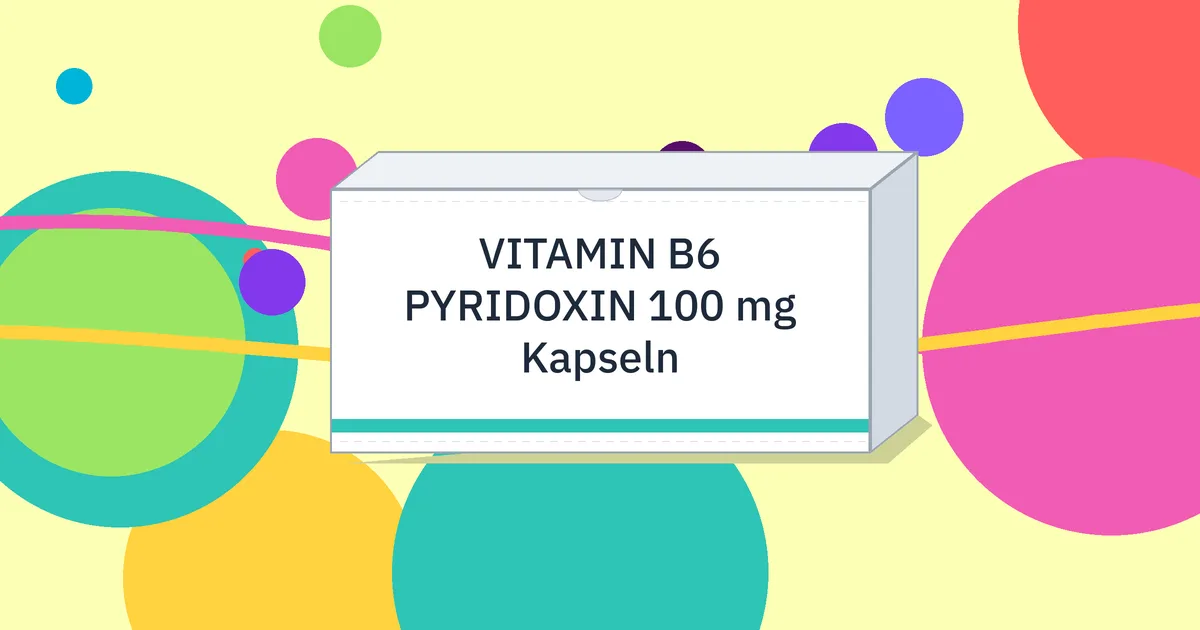 Symbolbild: Packung mit der Aufschrift VITAMIN B6 PYRIDOXIN 100 mg Kapseln (PZN 20013654) – Verfügbarkeit und Bezug in Apotheken in Frankfurt am Main