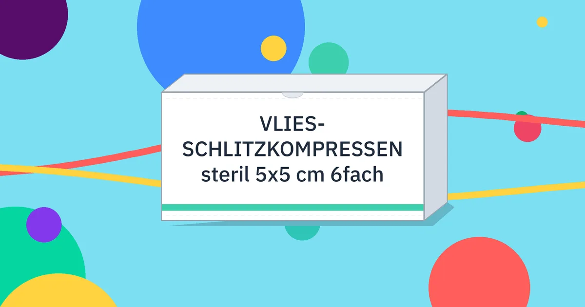 Symbolbild: Packung mit der Aufschrift VLIES-SCHLITZKOMPRESSEN steril 5x5 cm 6fach (PZN 07200512) – Verfügbarkeit und Bezug in Apotheken in Frankfurt am Main