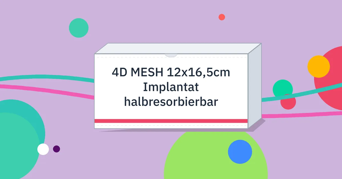 Symbolbild: Packung mit der Aufschrift 4D MESH 12x16,5cm Implantat halbresorbierbar (PZN 19504499) – Verfügbarkeit und Bezug in Apotheken in Frankfurt am Main