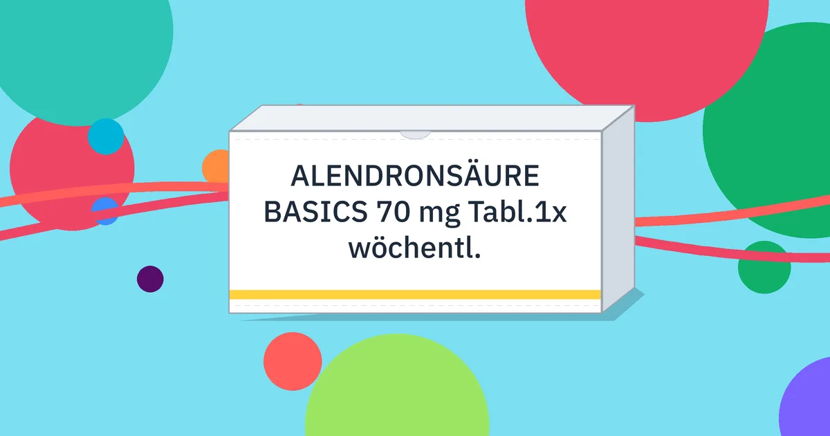 Symbolbild: Packung mit der Aufschrift ALENDRONSÄURE BASICS 70 mg Tabl.1x wöchentl. (PZN 05520951) – Verfügbarkeit und Bezug in Apotheken in Frankfurt am Main