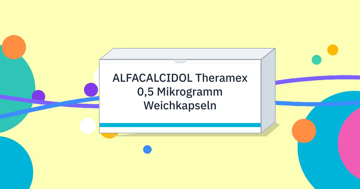 Symbolbild: Packung mit der Aufschrift ALFACALCIDOL Theramex 0,5 Mikrogramm Weichkapseln (PZN 17841850) – Verfügbarkeit und Bezug in Apotheken in Frankfurt am Main