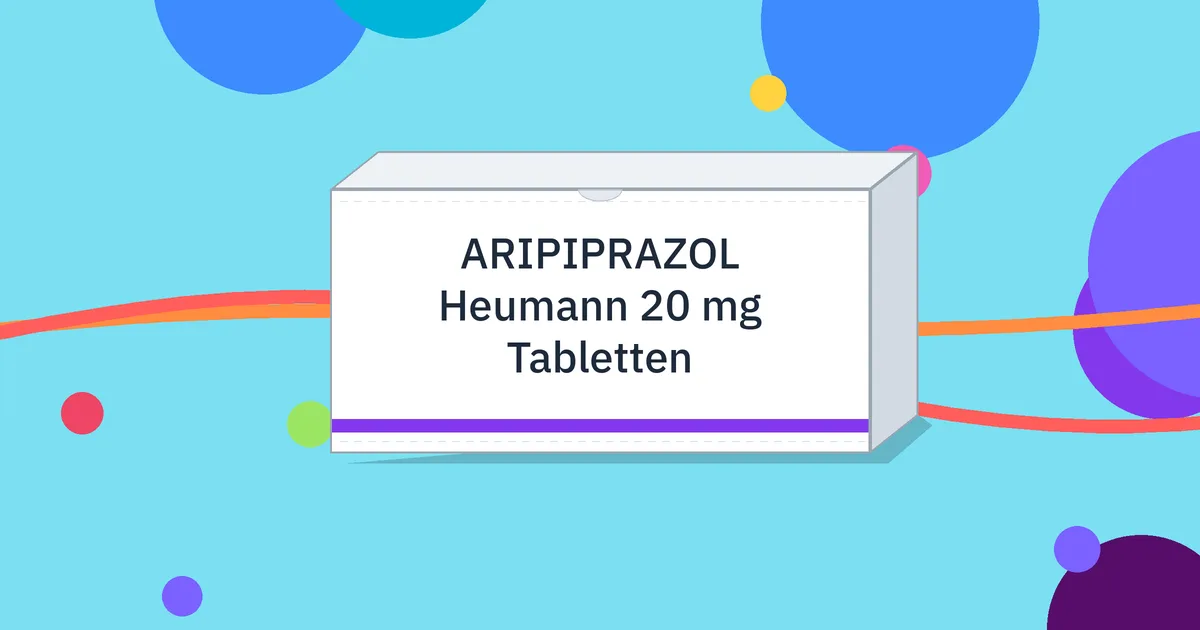 Symbolbild: Packung mit der Aufschrift ARIPIPRAZOL Heumann 20 mg Tabletten (PZN 16060228) – Verfügbarkeit und Bezug in Apotheken in Frankfurt am Main