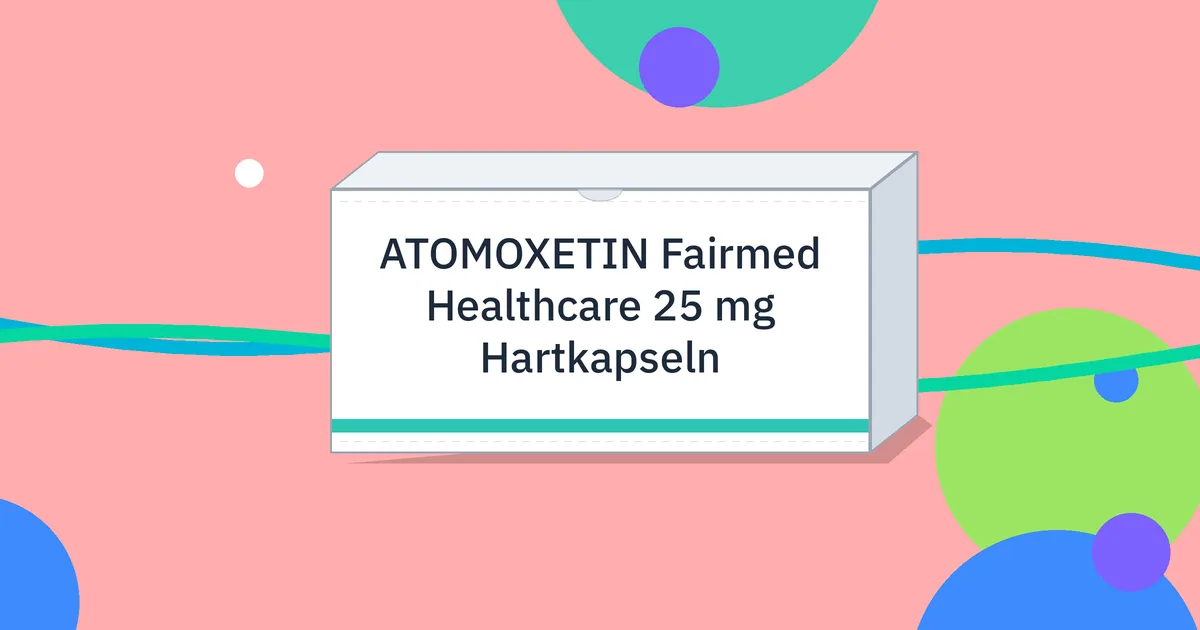 Symbolbild: Packung mit der Aufschrift ATOMOXETIN Fairmed Healthcare 25 mg Hartkapseln (PZN 16581499) – Verfügbarkeit und Bezug in Apotheken in Frankfurt am Main
