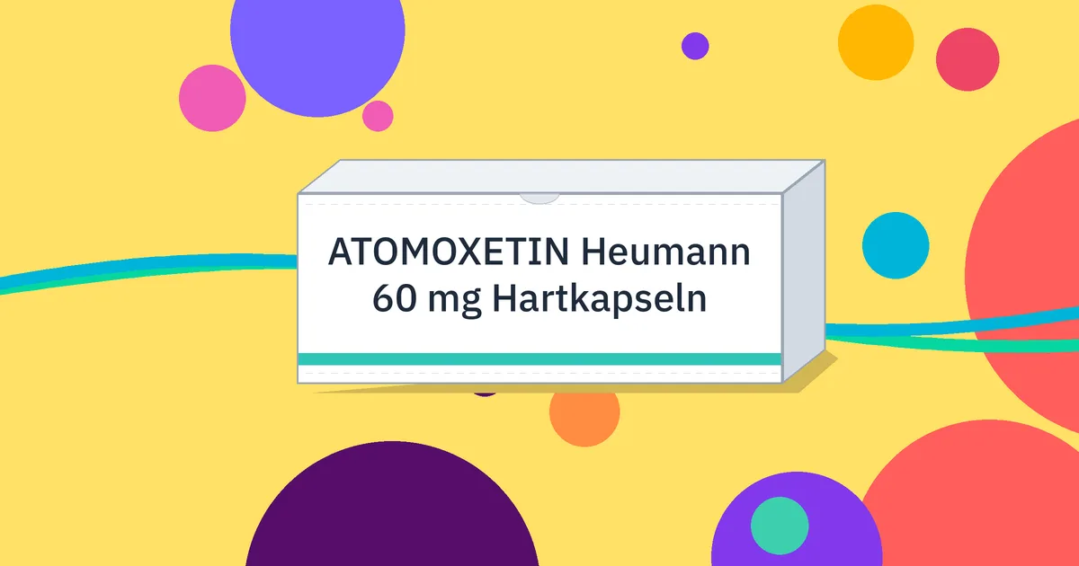 Symbolbild: Packung mit der Aufschrift ATOMOXETIN Heumann 60 mg Hartkapseln (PZN 14064015) – Verfügbarkeit und Bezug in Apotheken in Frankfurt am Main