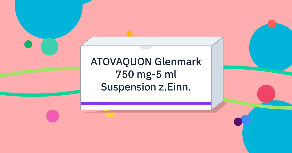 Symbolbild: Packung mit der Aufschrift ATOVAQUON Glenmark 750 mg-5 ml Suspension z.Einn. (PZN 18064420) – Verfügbarkeit und Bezug in Apotheken in Frankfurt am Main