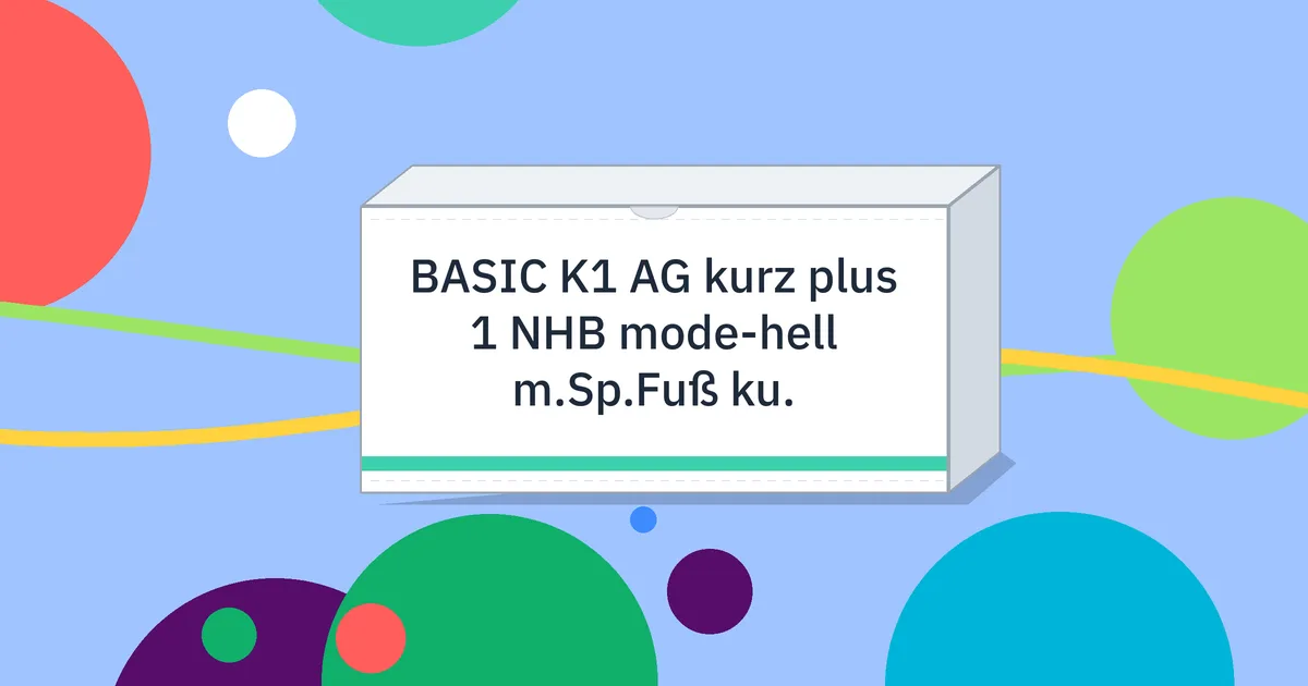 Symbolbild: Packung mit der Aufschrift BASIC K1 AG kurz plus 1 NHB mode-hell m.Sp.Fuß ku. (PZN 20259728) – Verfügbarkeit und Bezug in Apotheken in Frankfurt am Main