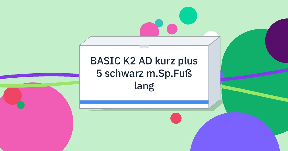 Symbolbild: Packung mit der Aufschrift BASIC K2 AD kurz plus 5 schwarz m.Sp.Fuß lang (PZN 20265278) – Verfügbarkeit und Bezug in Apotheken in Frankfurt am Main