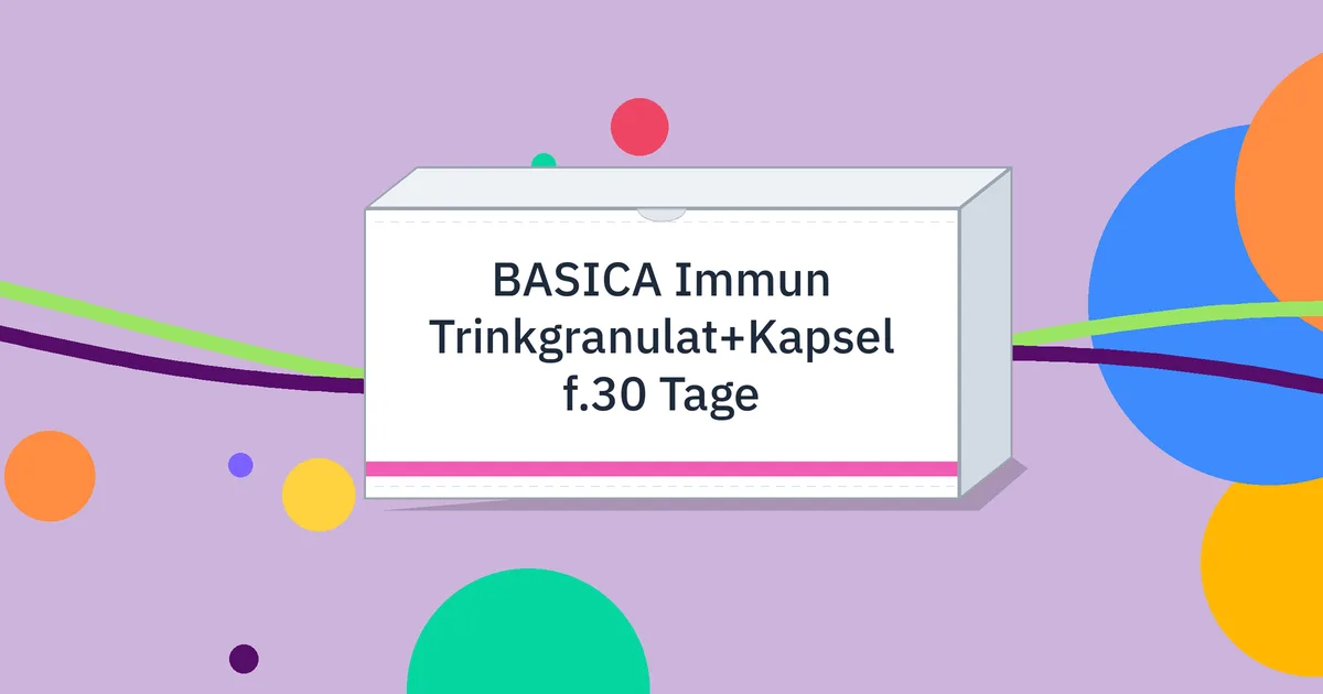 Symbolbild: Packung mit der Aufschrift BASICA Immun Trinkgranulat+Kapsel f.30 Tage (PZN 17586211) – Verfügbarkeit und Bezug in Apotheken in Frankfurt am Main