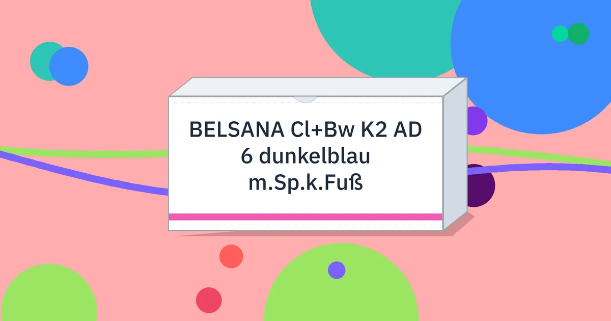 Symbolbild: Packung mit der Aufschrift BELSANA Cl+Bw K2 AD 6 dunkelblau m.Sp.k.Fuß (PZN 15626716) – Verfügbarkeit und Bezug in Apotheken in Frankfurt am Main