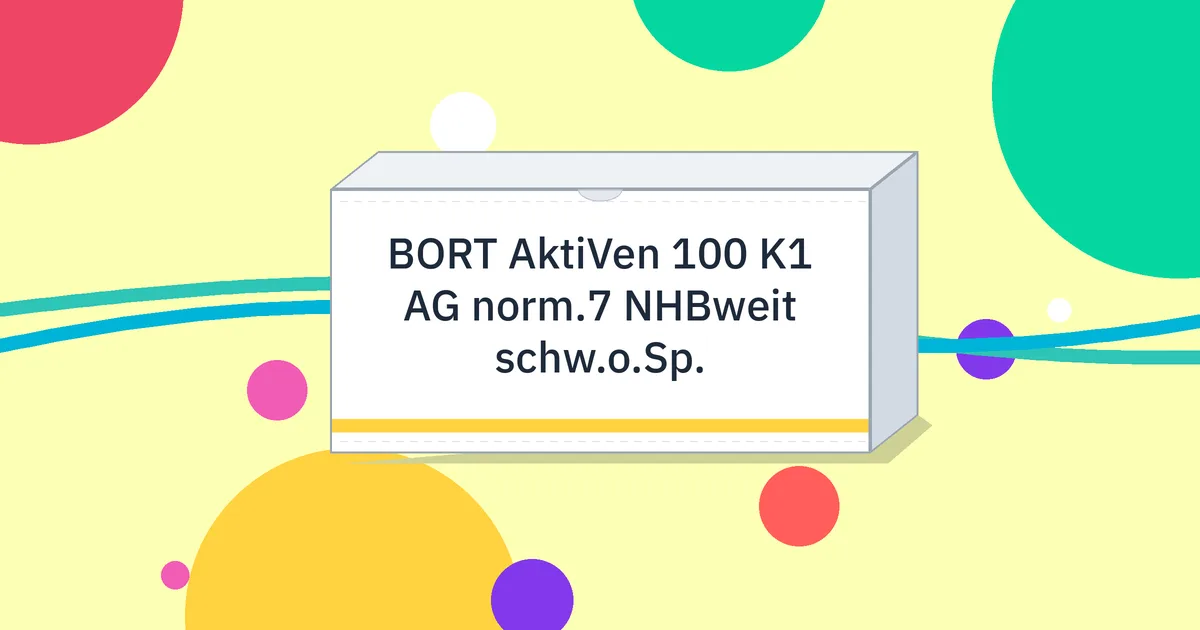 Symbolbild: Packung mit der Aufschrift BORT AktiVen 100 K1 AG norm.7 NHBweit schw.o.Sp. (PZN 14387698) – Verfügbarkeit und Bezug in Apotheken in Frankfurt am Main