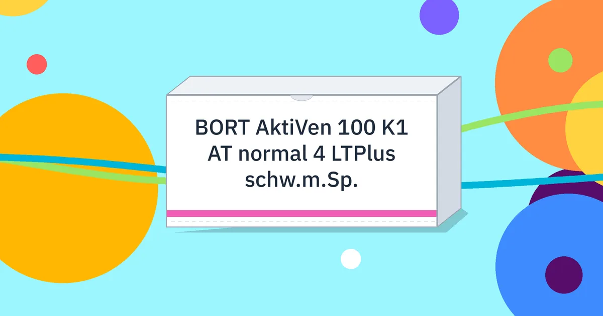 Symbolbild: Packung mit der Aufschrift BORT AktiVen 100 K1 AT normal 4 LTPlus schw.m.Sp. (PZN 18175898) – Verfügbarkeit und Bezug in Apotheken in Frankfurt am Main