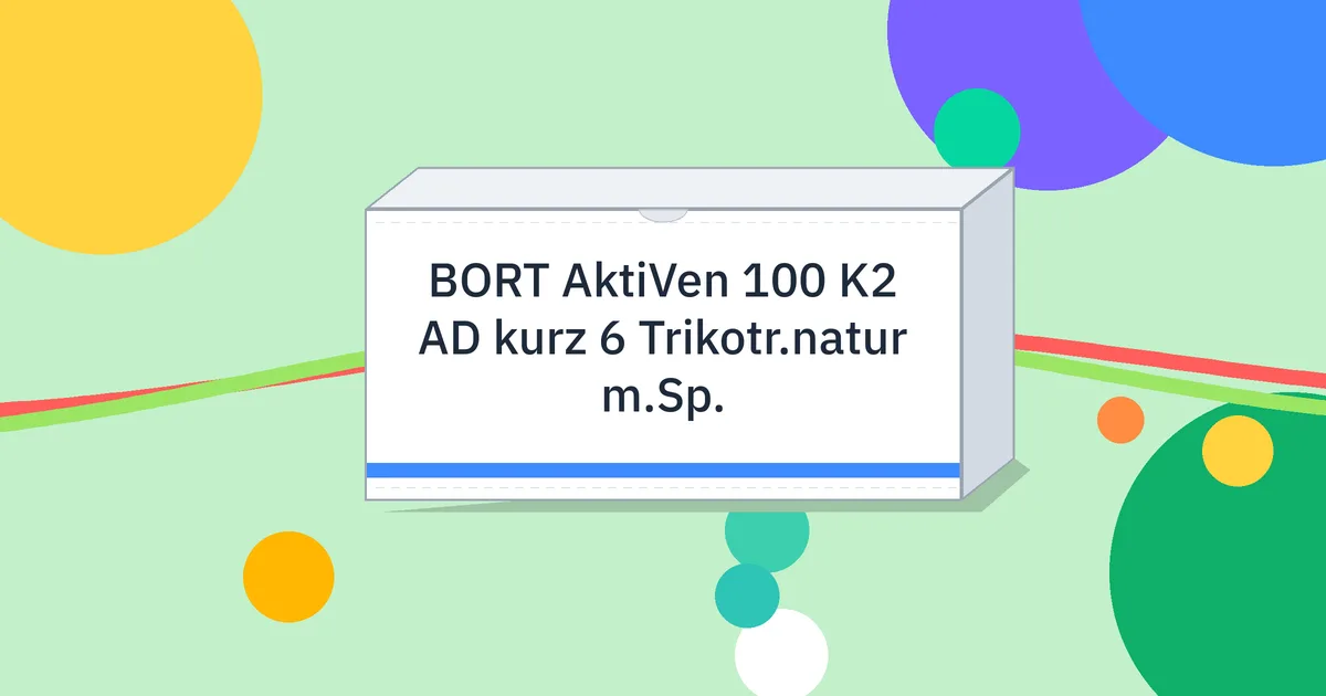 Symbolbild: Packung mit der Aufschrift BORT AktiVen 100 K2 AD kurz 6 Trikotr.natur m.Sp. (PZN 13726595) – Verfügbarkeit und Bezug in Apotheken in Frankfurt am Main