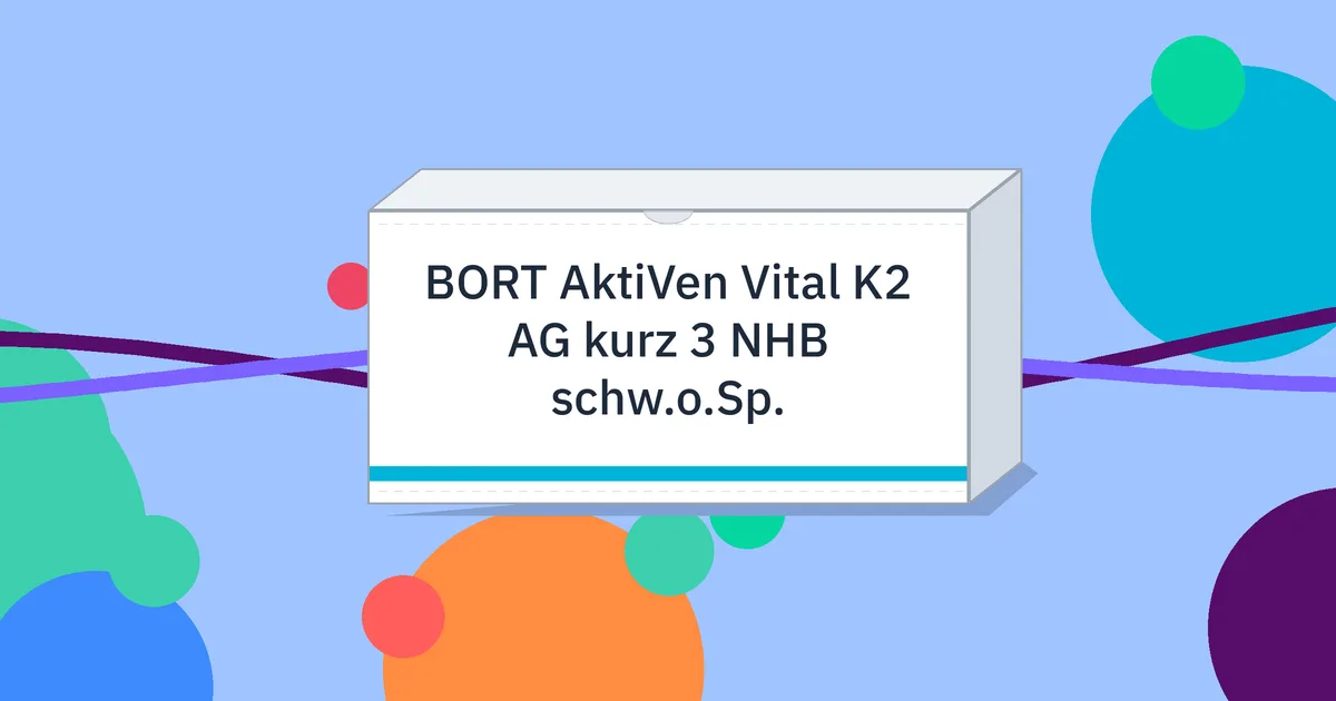 Symbolbild: Packung mit der Aufschrift BORT AktiVen Vital K2 AG kurz 3 NHB schw.o.Sp. (PZN 12384738) – Verfügbarkeit und Bezug in Apotheken in Frankfurt am Main