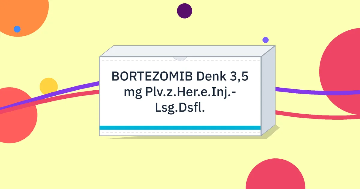 Symbolbild: Packung mit der Aufschrift BORTEZOMIB Denk 3,5 mg Plv.z.Her.e.Inj.-Lsg.Dsfl. (PZN 16575843) – Verfügbarkeit und Bezug in Apotheken in Frankfurt am Main