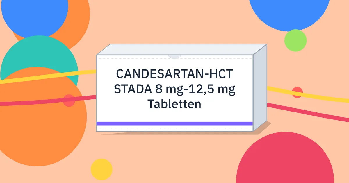 Symbolbild: Packung mit der Aufschrift CANDESARTAN-HCT STADA 8 mg-12,5 mg Tabletten (PZN 09444394) – Verfügbarkeit und Bezug in Apotheken in Frankfurt am Main