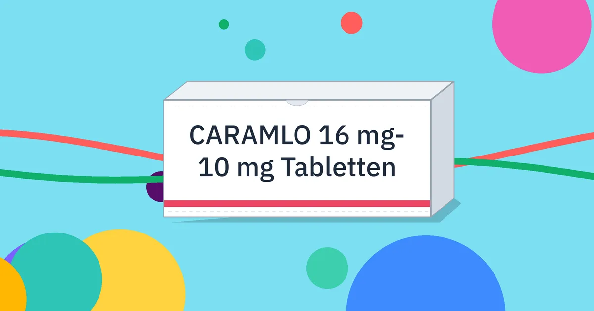 Symbolbild: Packung mit der Aufschrift CARAMLO 16 mg-10 mg Tabletten (PZN 19515669) – Verfügbarkeit und Bezug in Apotheken in Frankfurt am Main