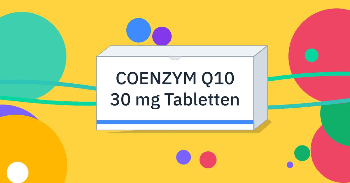 Symbolbild: Packung mit der Aufschrift COENZYM Q10 30 mg Tabletten (PZN 05874152) – Verfügbarkeit und Bezug in Apotheken in Frankfurt am Main