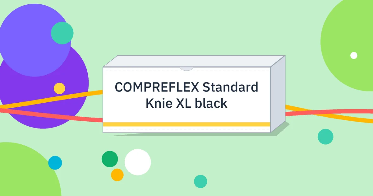 Symbolbild: Packung mit der Aufschrift COMPREFLEX Standard Knie XL black (PZN 19535554) – Verfügbarkeit und Bezug in Apotheken in Frankfurt am Main