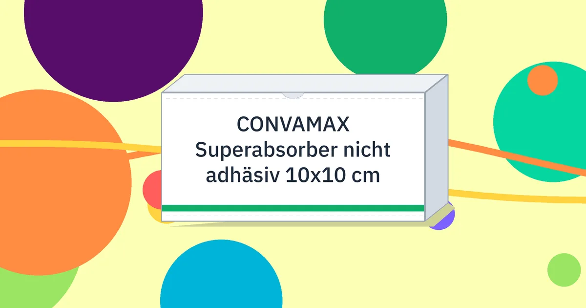 Symbolbild: Packung mit der Aufschrift CONVAMAX Superabsorber nicht adhäsiv 10x10 cm (PZN 19729933) – Verfügbarkeit und Bezug in Apotheken in Frankfurt am Main
