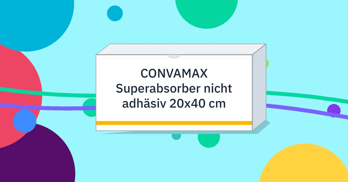 Symbolbild: Packung mit der Aufschrift CONVAMAX Superabsorber nicht adhäsiv 20x40 cm (PZN 20120350) – Verfügbarkeit und Bezug in Apotheken in Frankfurt am Main