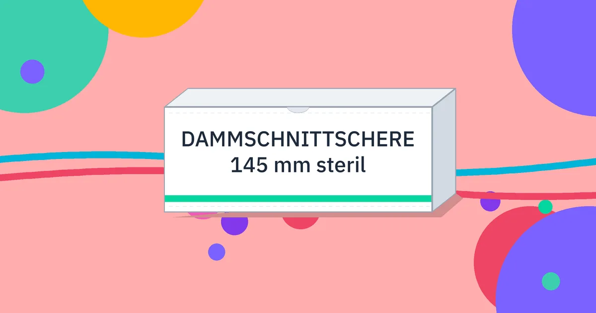 Symbolbild: Packung mit der Aufschrift DAMMSCHNITTSCHERE 145 mm steril (PZN 19978197) – Verfügbarkeit und Bezug in Apotheken in Frankfurt am Main