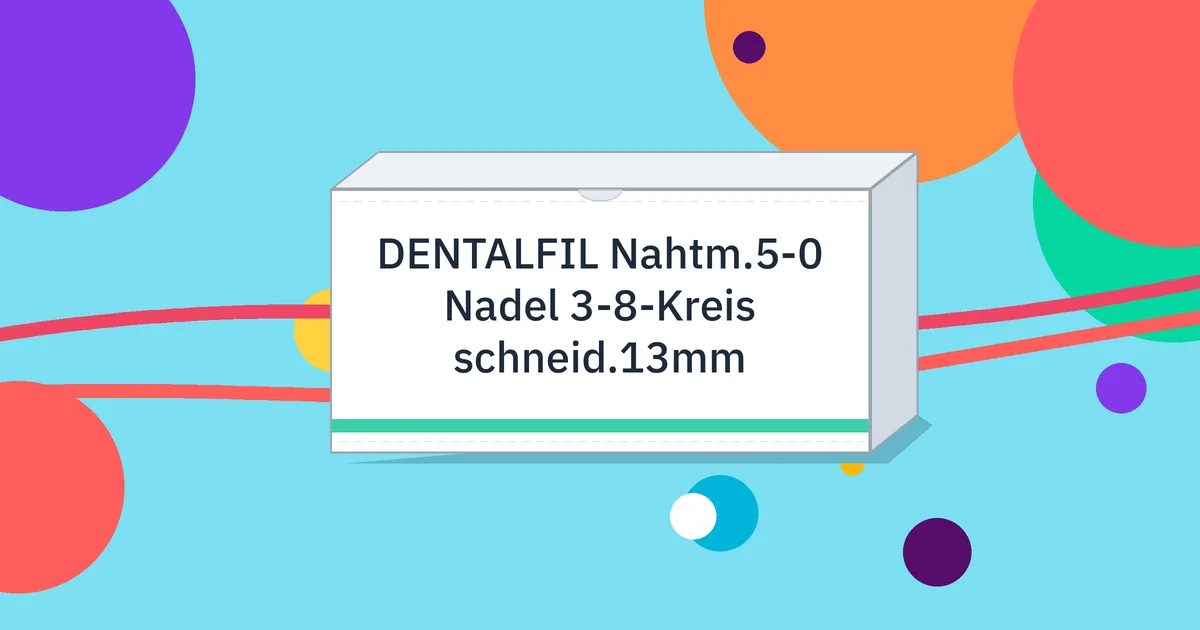 Symbolbild: Packung mit der Aufschrift DENTALFIL Nahtm.5-0 Nadel 3-8-Kreis schneid.13mm (PZN 11006632) – Verfügbarkeit und Bezug in Apotheken in Frankfurt am Main