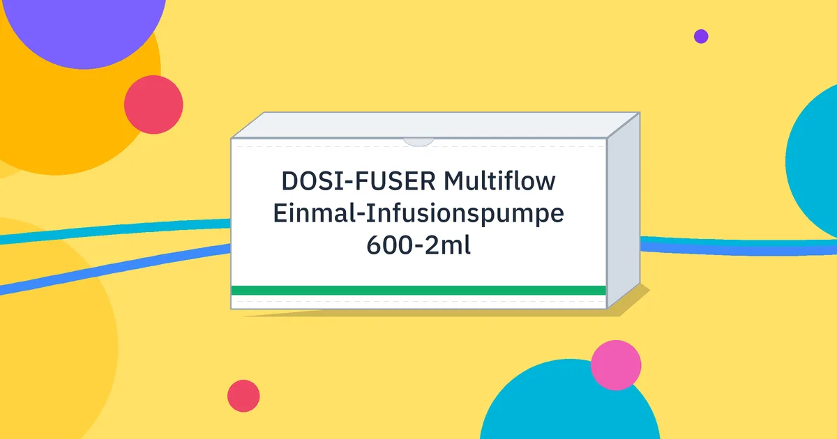 Symbolbild: Packung mit der Aufschrift DOSI-FUSER Multiflow Einmal-Infusionspumpe 600-2ml (PZN 12472098) – Verfügbarkeit und Bezug in Apotheken in Frankfurt am Main