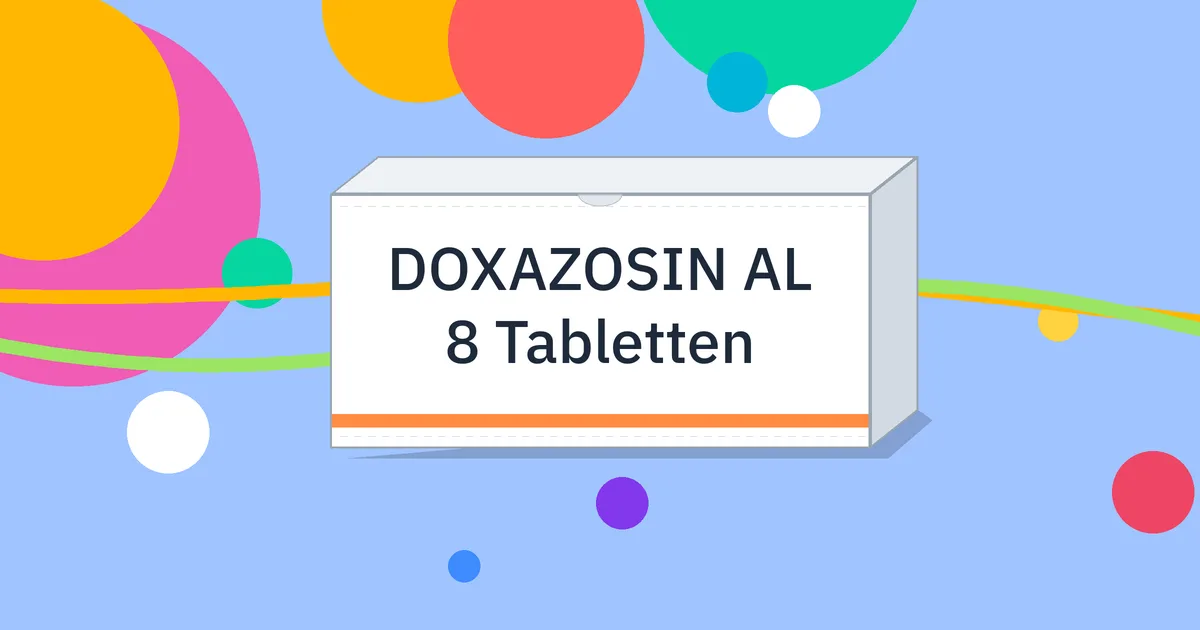 Symbolbild: Packung mit der Aufschrift DOXAZOSIN AL 8 Tabletten (PZN 02457301) – Verfügbarkeit und Bezug in Apotheken in Frankfurt am Main