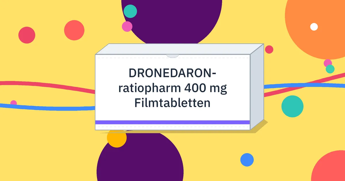 Symbolbild: Packung mit der Aufschrift DRONEDARON-ratiopharm 400 mg Filmtabletten (PZN 15617663) – Verfügbarkeit und Bezug in Apotheken in Frankfurt am Main