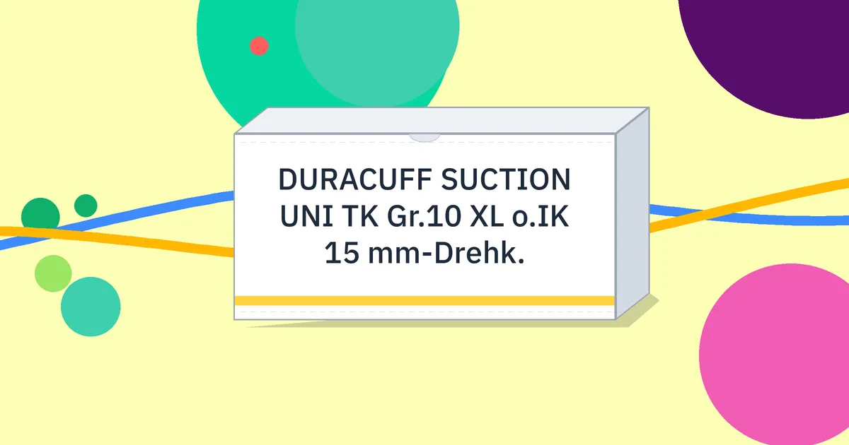 Symbolbild: Packung mit der Aufschrift DURACUFF SUCTION UNI TK Gr.10 XL o.IK 15 mm-Drehk. (PZN 02702019) – Verfügbarkeit und Bezug in Apotheken in Frankfurt am Main