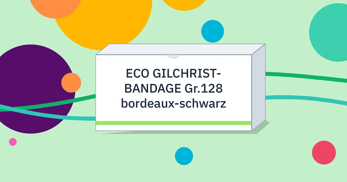 Symbolbild: Packung mit der Aufschrift ECO GILCHRIST-BANDAGE Gr.128 bordeaux-schwarz (PZN 14325591) – Verfügbarkeit und Bezug in Apotheken in Frankfurt am Main