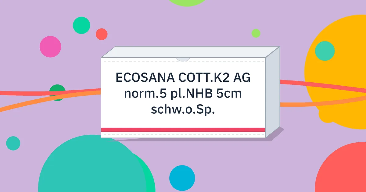 Symbolbild: Packung mit der Aufschrift ECOSANA COTT.K2 AG norm.5 pl.NHB 5cm schw.o.Sp. (PZN 16950229) – Verfügbarkeit und Bezug in Apotheken in Frankfurt am Main